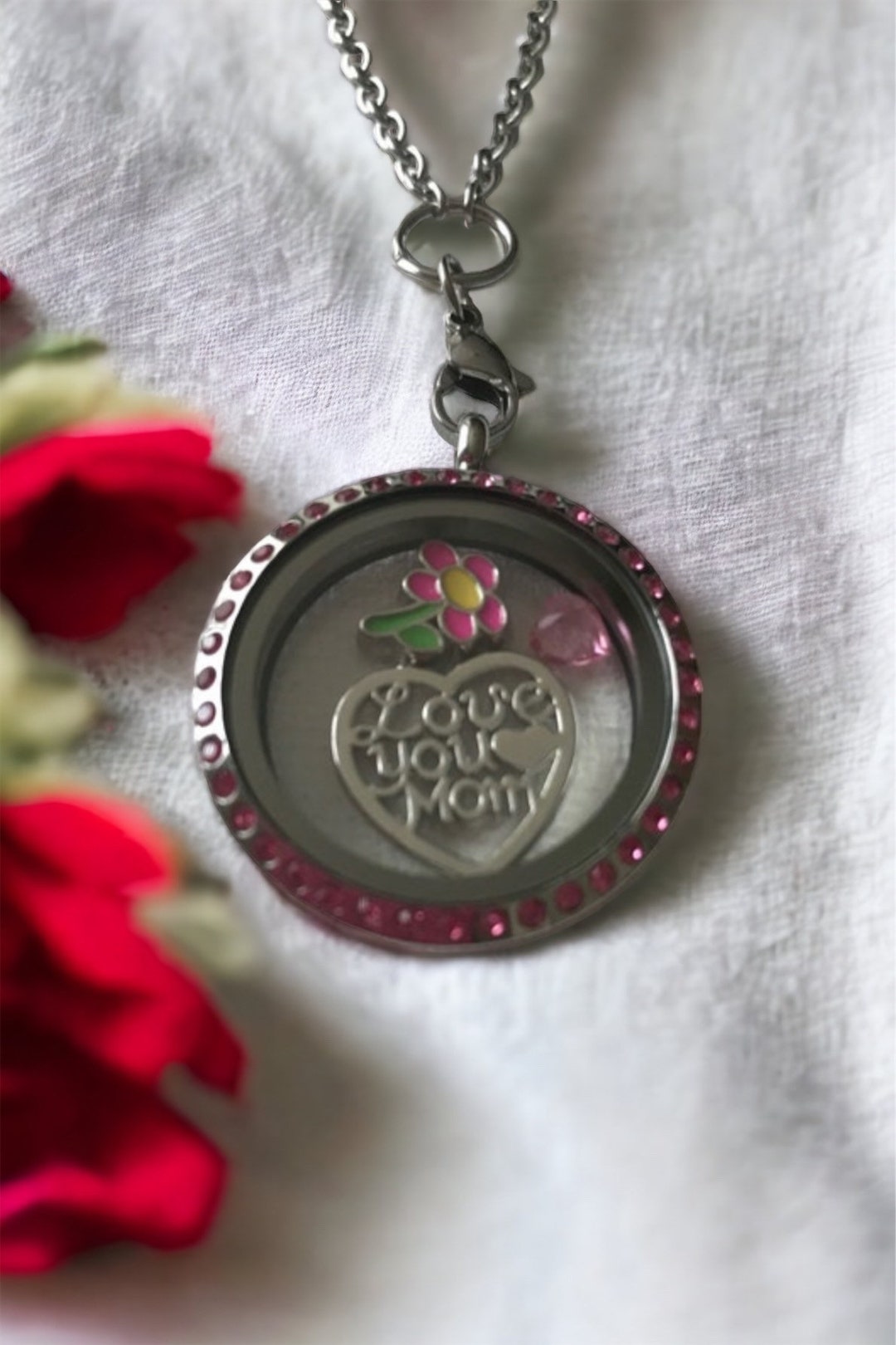 30mm 316 Stainless Steel Pink Crystal Memory Living Floating Charm ...