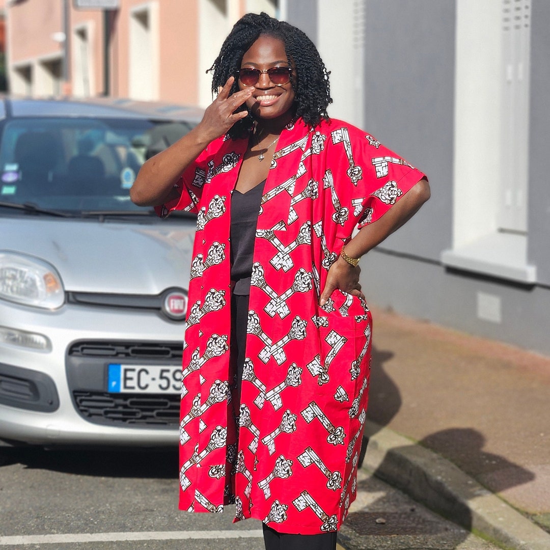 Red Kimono Dress With Two Size Pockets and Head Scarf. African Kimono ...