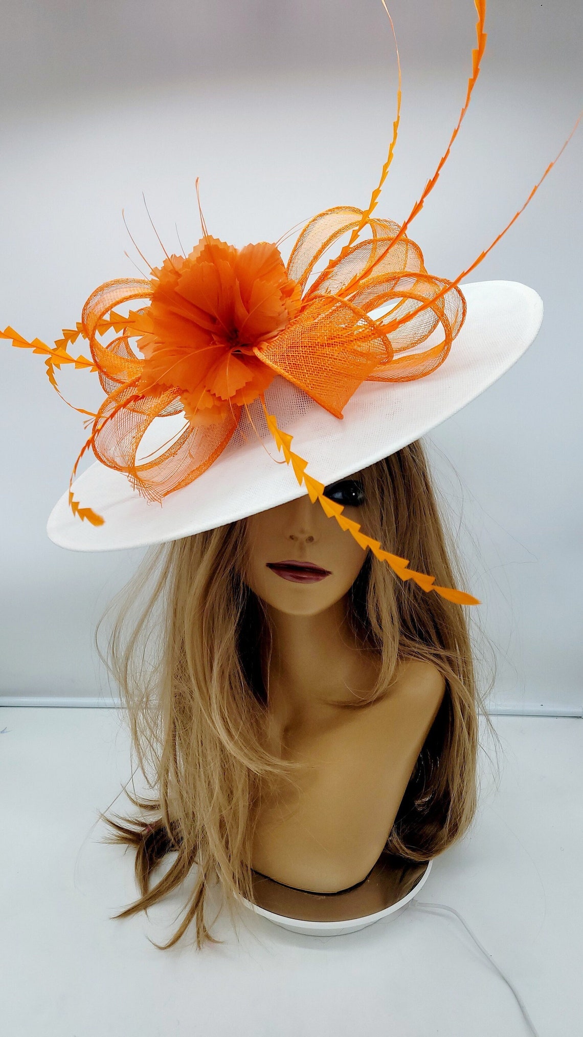Large White Sinamay Fascinator: Orange Wedding Kentucky Derby Hat - Etsy