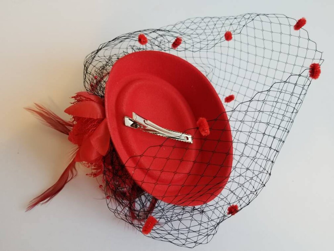 Red Pillbox Fascinator With Veil Wedding Hat Cocktail Party | Etsy