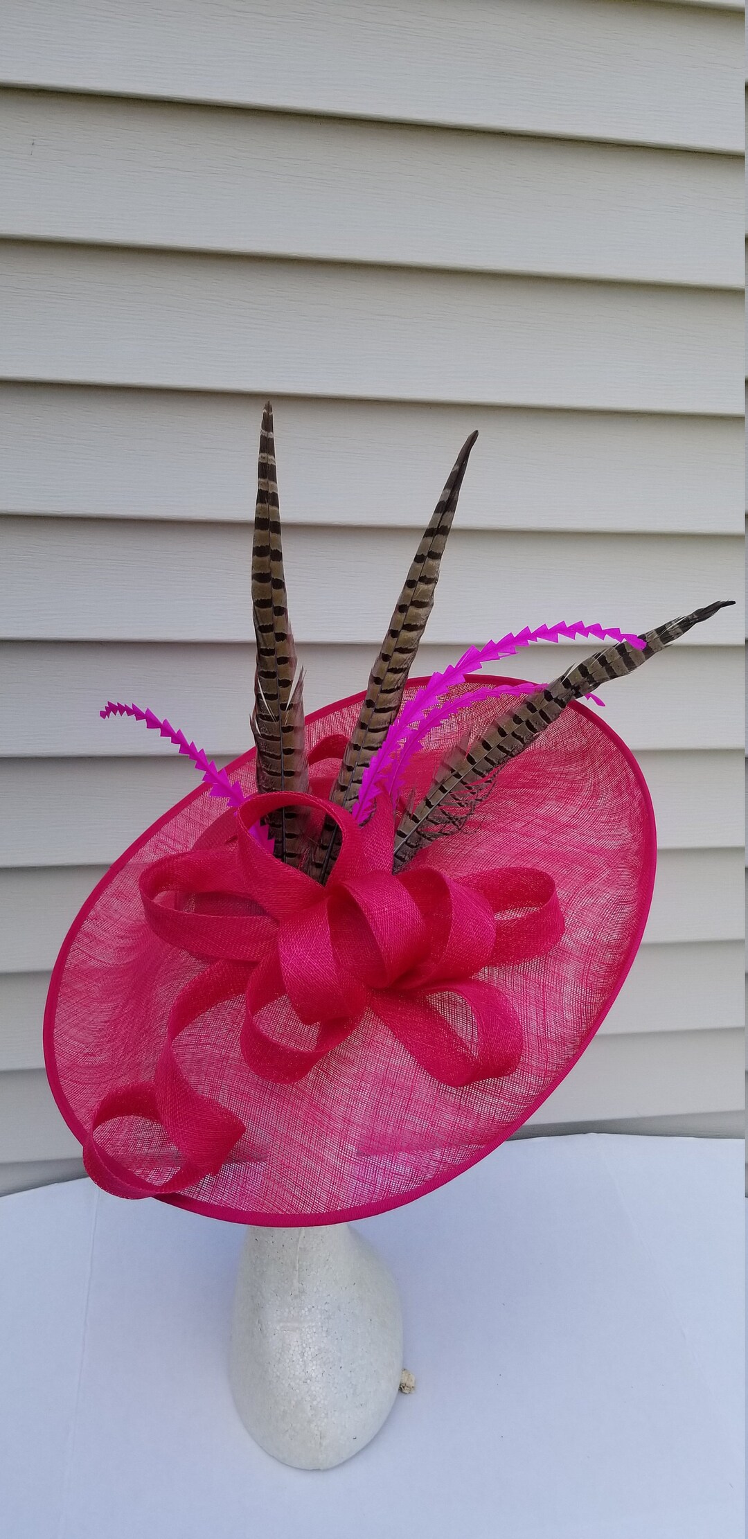 Fuschia Derby Hat: Hot Pink Sinamay Fascinator With Feathers - Etsy