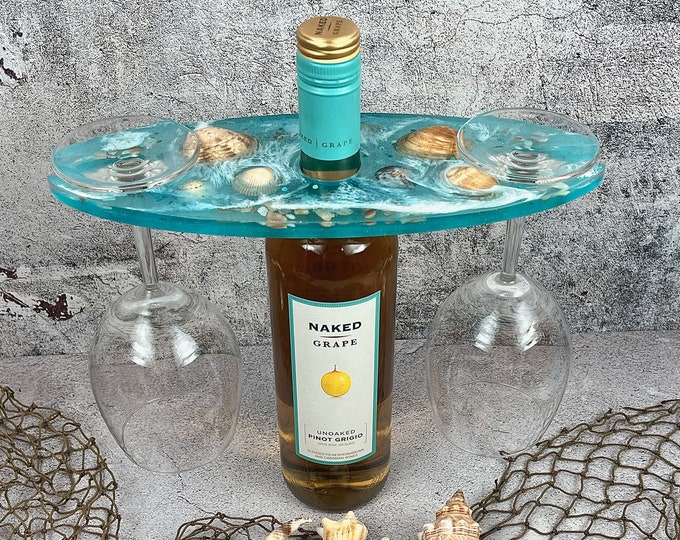 Ocean Beach Wine Caddy With Shells, Resin Art Wine Butler, Shimmer Blue ...
