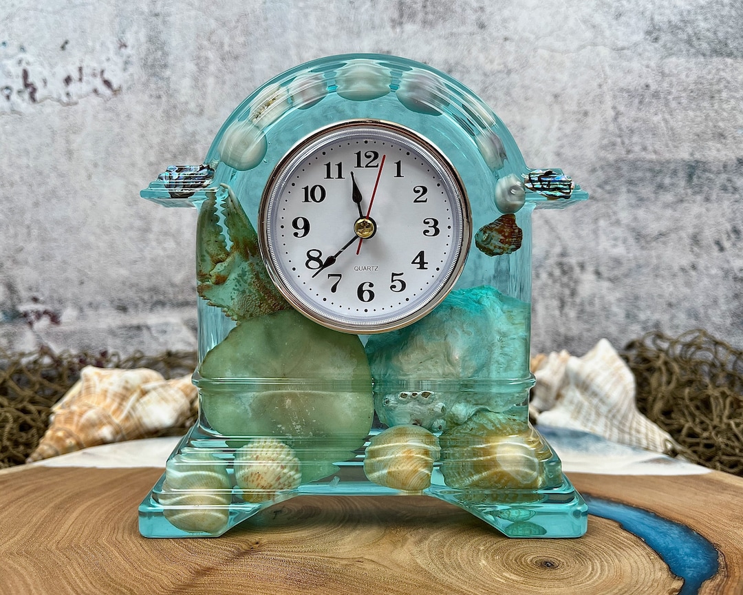 Blue Shelf Clock With Ocean Shells & Crab Claw, Unique Tabletop Resin ...