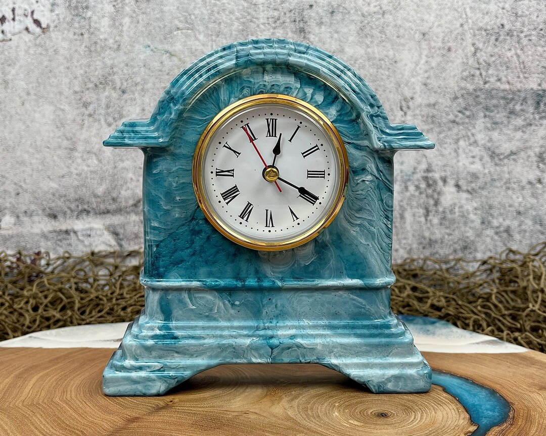 Resin Desk Clock With Blue & White Marble Look, Unique Tabletop Clock ...
