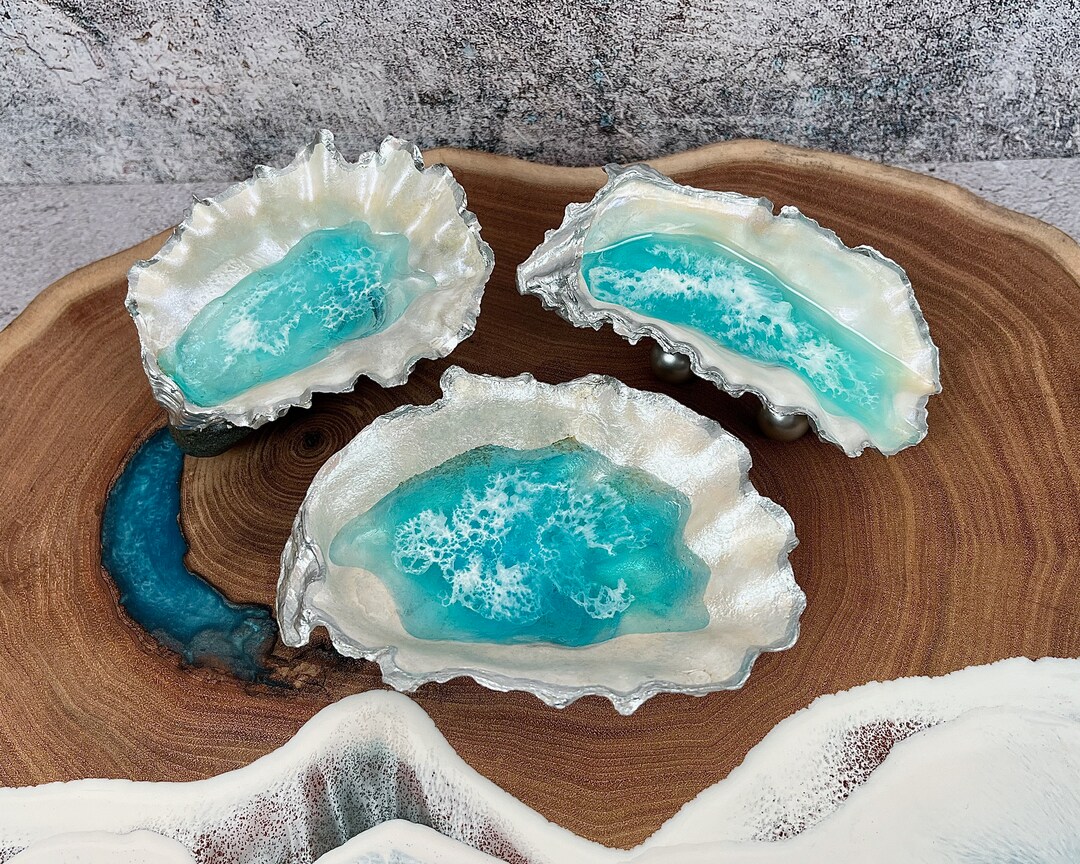 Silver Oyster Shell Trinket Dish With Ocean, Turquoise Blue Ocean ...