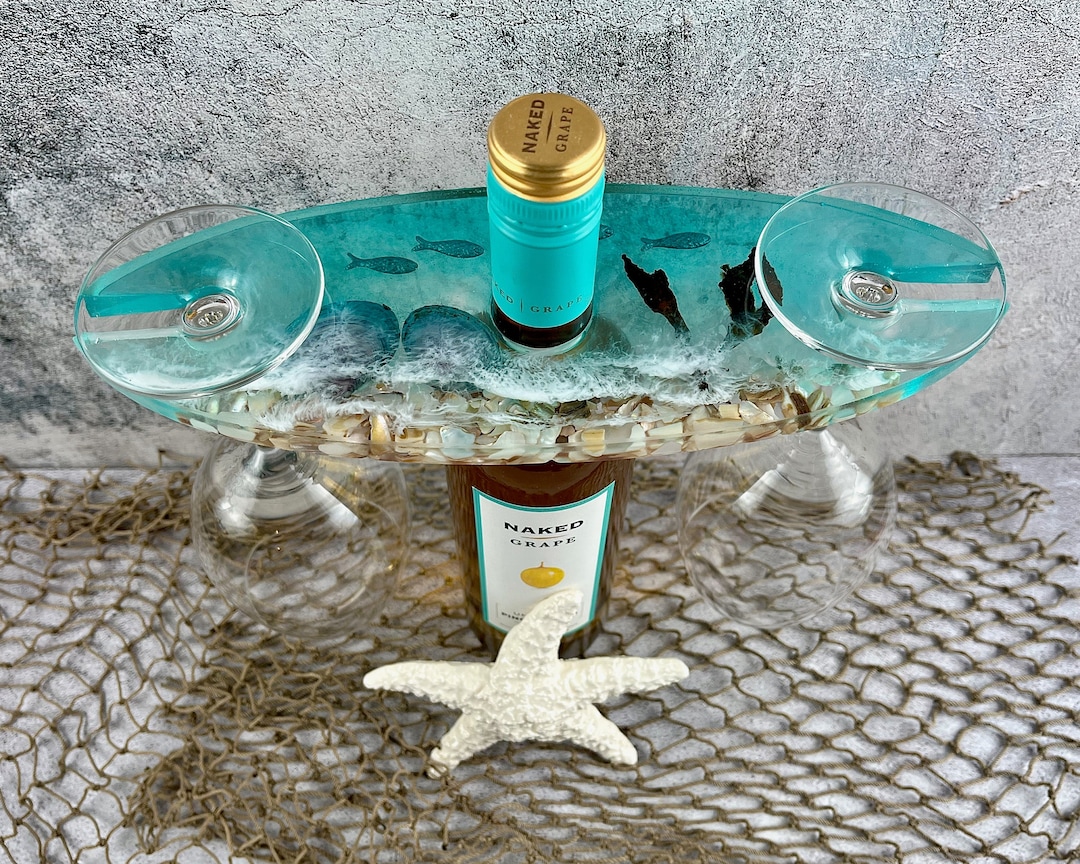 Ocean Beach Wine Caddy W/ Shells & Fish, Underwater Resin Art Wine ...