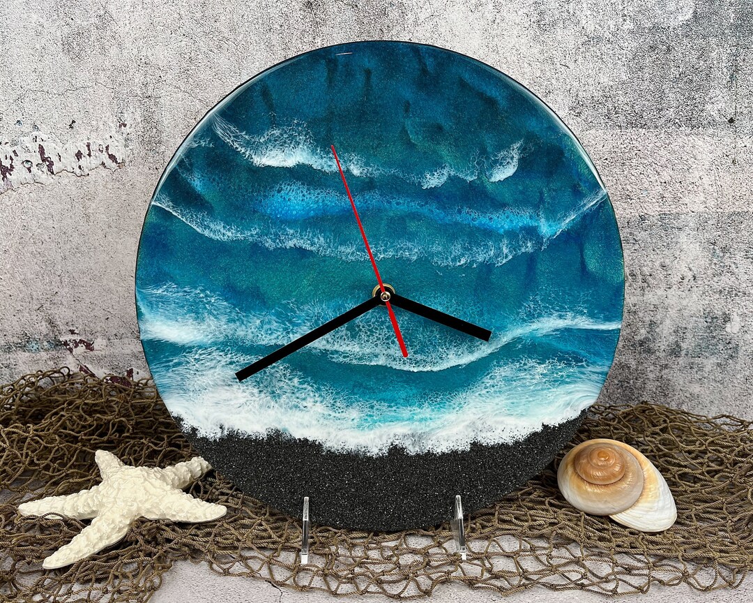 Black Sand Beach Wall Clock, Tropical Ocean Beach Art, Abstract Resin ...