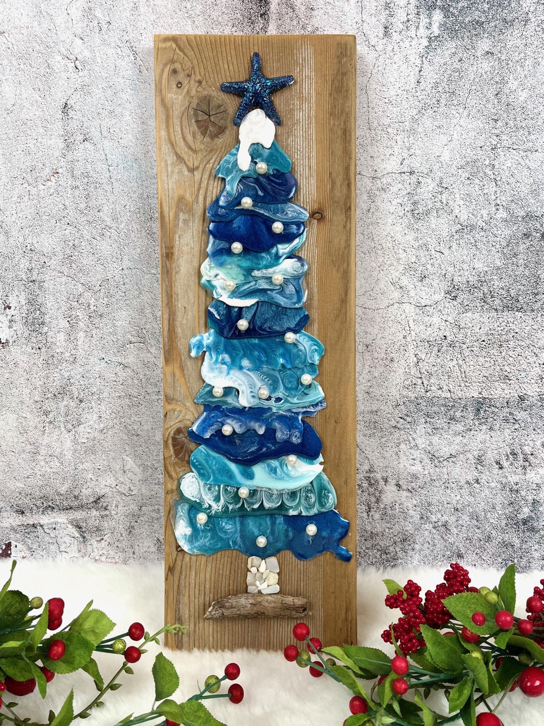 Blue & White Ocean Beach Tree Collage, Upcycled Resin Art With Shells ...