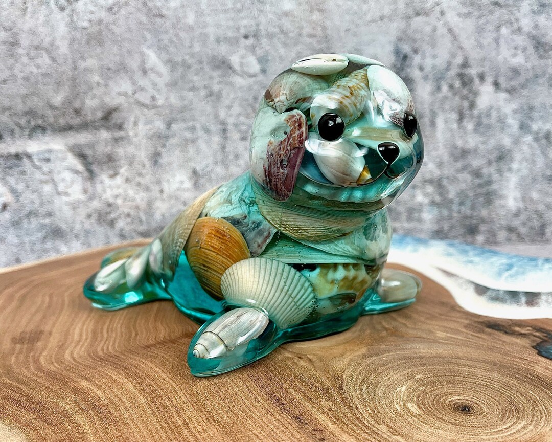 Ocean Seal With Seashells Decor, Teal Blue Baby Seal in Epoxy Resin ...