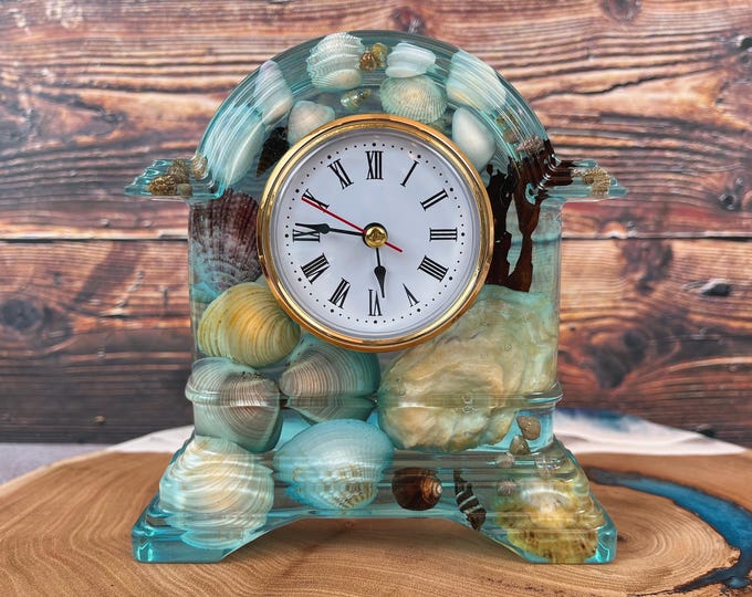Blue Shelf Clock With Ocean Shells & Crab Claw, Unique Tabletop Resin ...