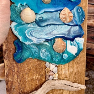Blue & White Ocean Beach Tree Collage, Upcycled Resin Art With Shells ...
