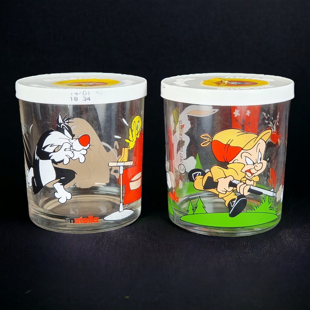 2x Looney Tunes Nutella Glass & Lid 1997: Tweety, Sylvester, Elmer Fudd ...