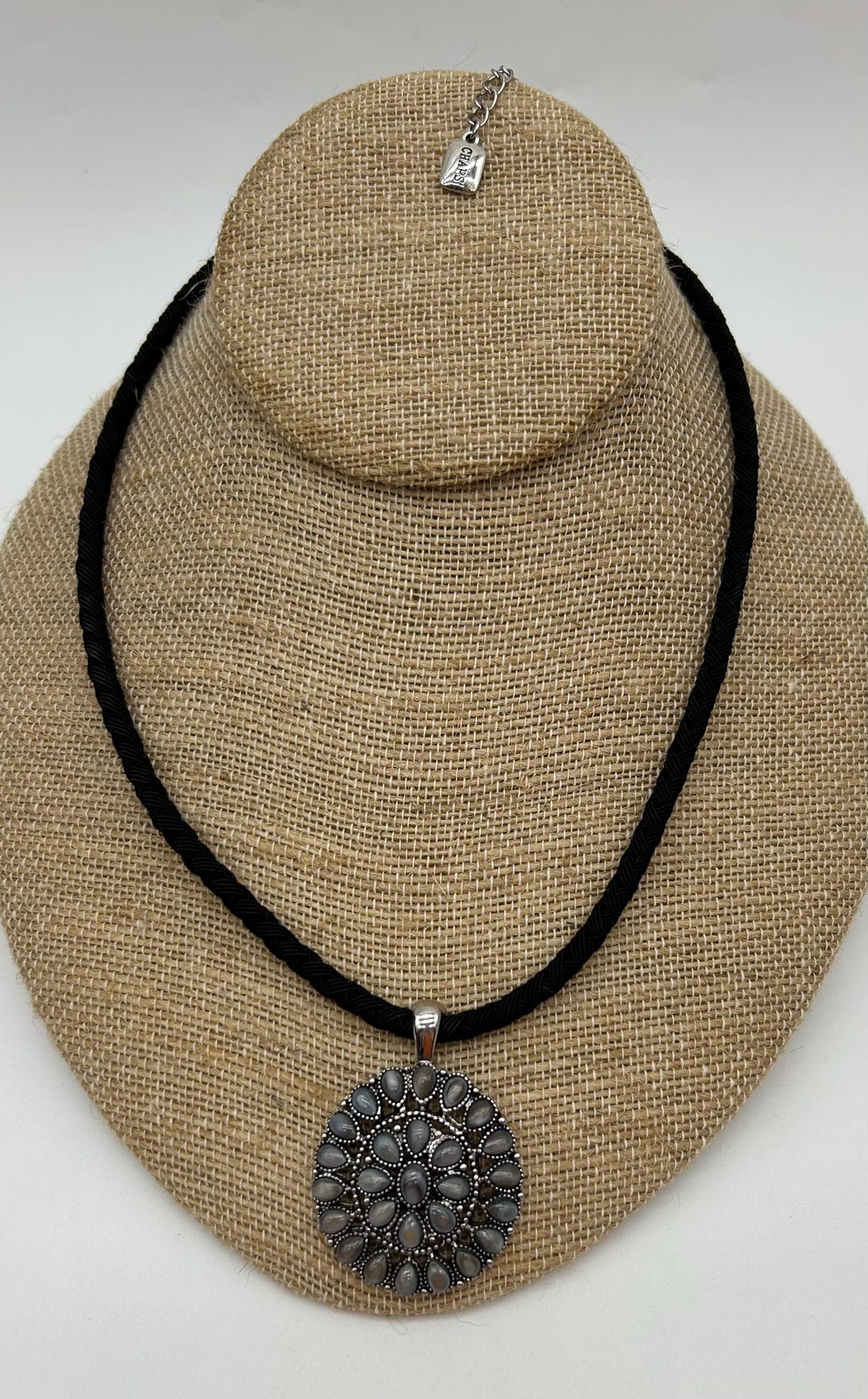 Ralph Lauren Chaps Floral Medallion Necklace – Black Fabric Cord With ...