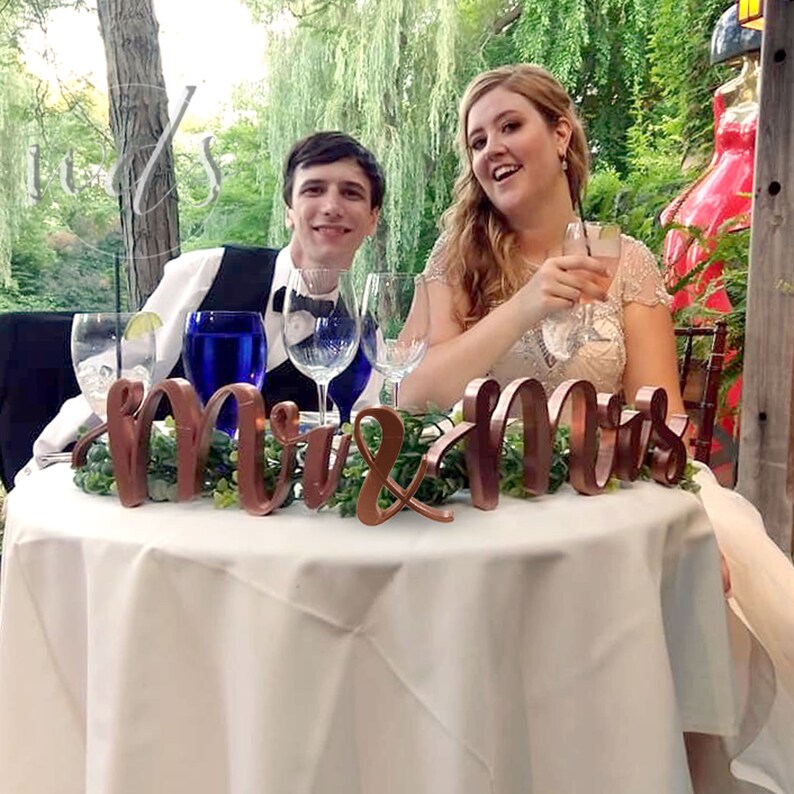 Mr & Mrs Sign, 5in. Vintage Script Rose Gold Sweetheart Table Wedding ...