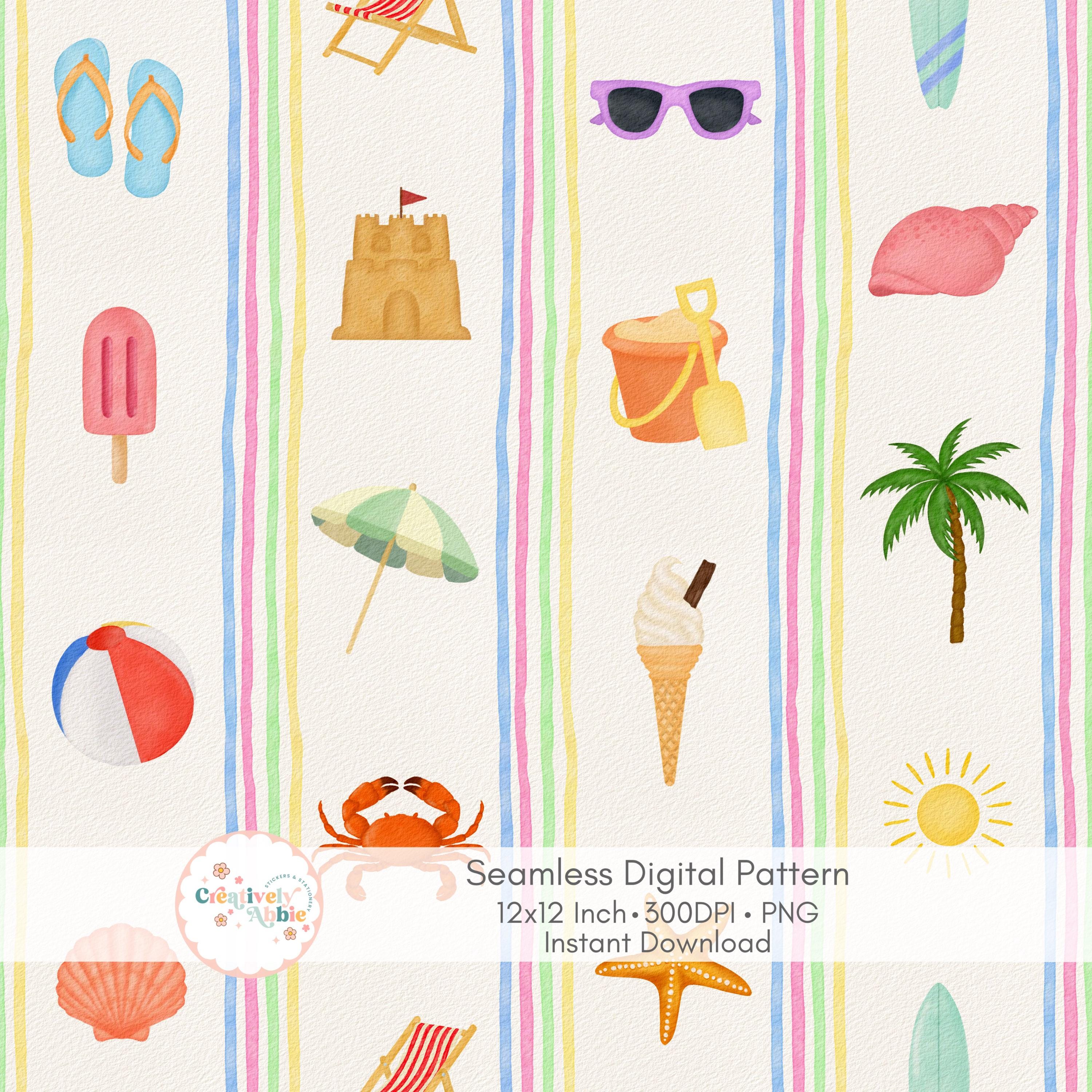 Summer Stripe Beach Digital Seamless Pattern | 12x12” PNG | Cute Ocean ...