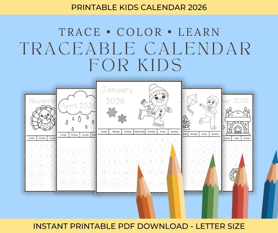 2026 Traceable Kids Calendar Printable | Preschool & Kindergarten ...