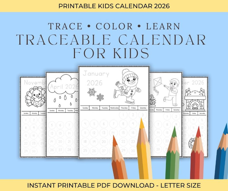 2026 Traceable Kids Calendar Printable | Preschool & Kindergarten ...
