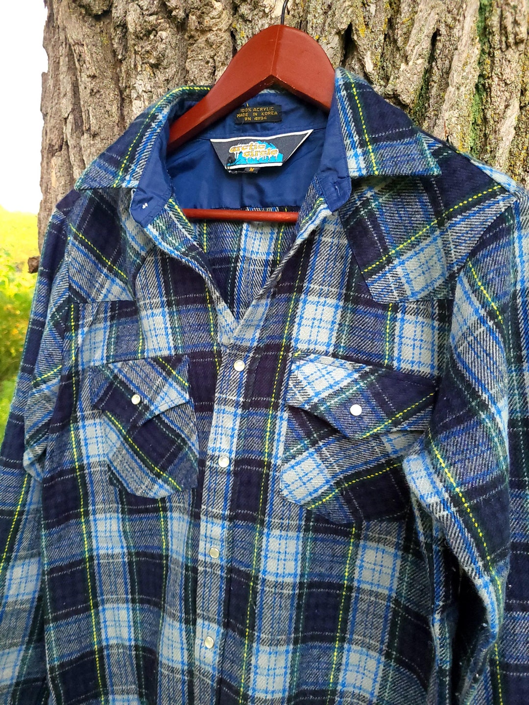Vintage 1970's Blue Western Plaid Acrylic Hunting Flannel Shirt ...