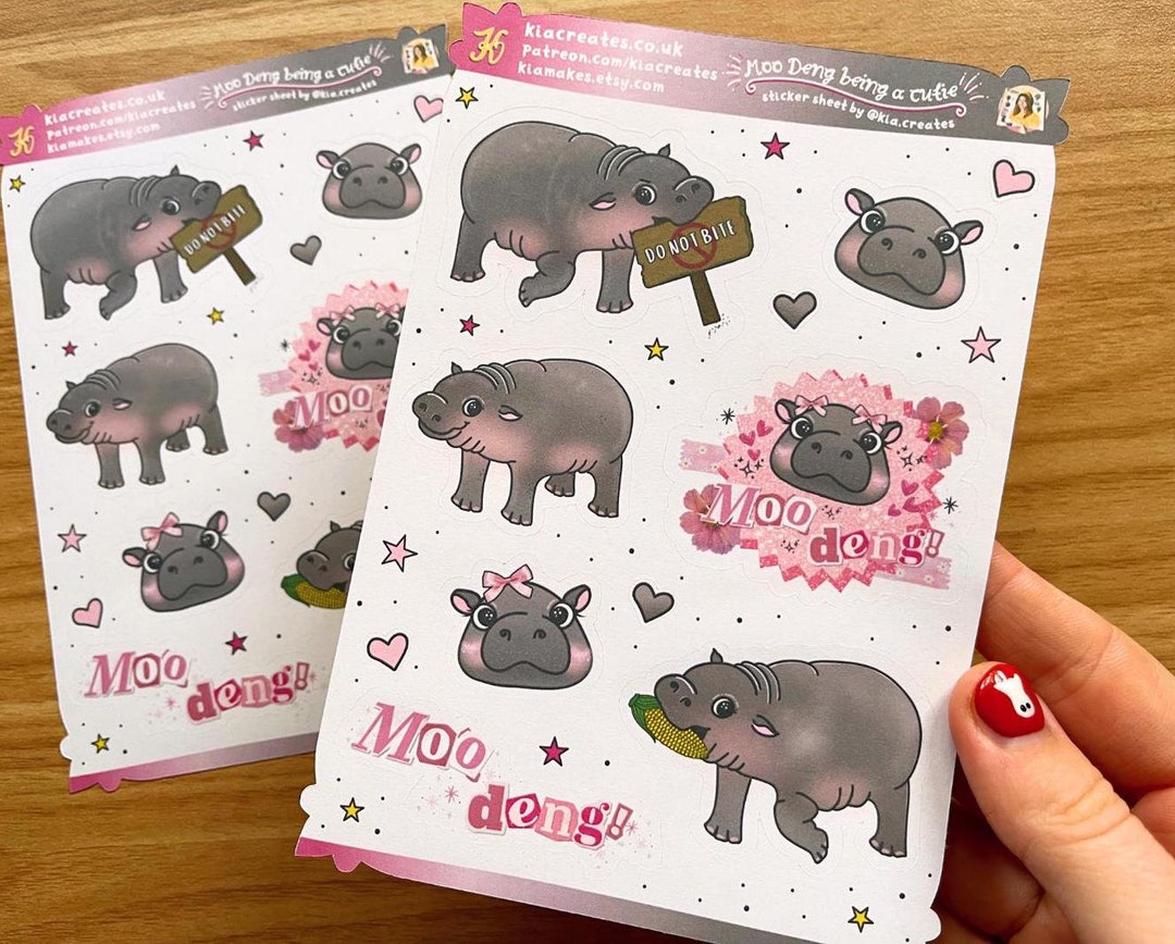 Moo Deng Sticker Sheet | Cute Baby Pygmy Hippo Planner Stickers ...