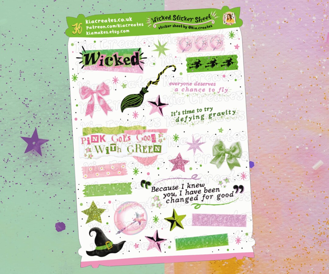 Wicked Inspired Sticker Sheet Pink and Green Glinda and Elphaba ...