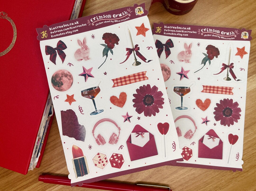 Junk Journal Stickers | Crimson Aesthetic Sticker Sheet | Trinket Girl ...
