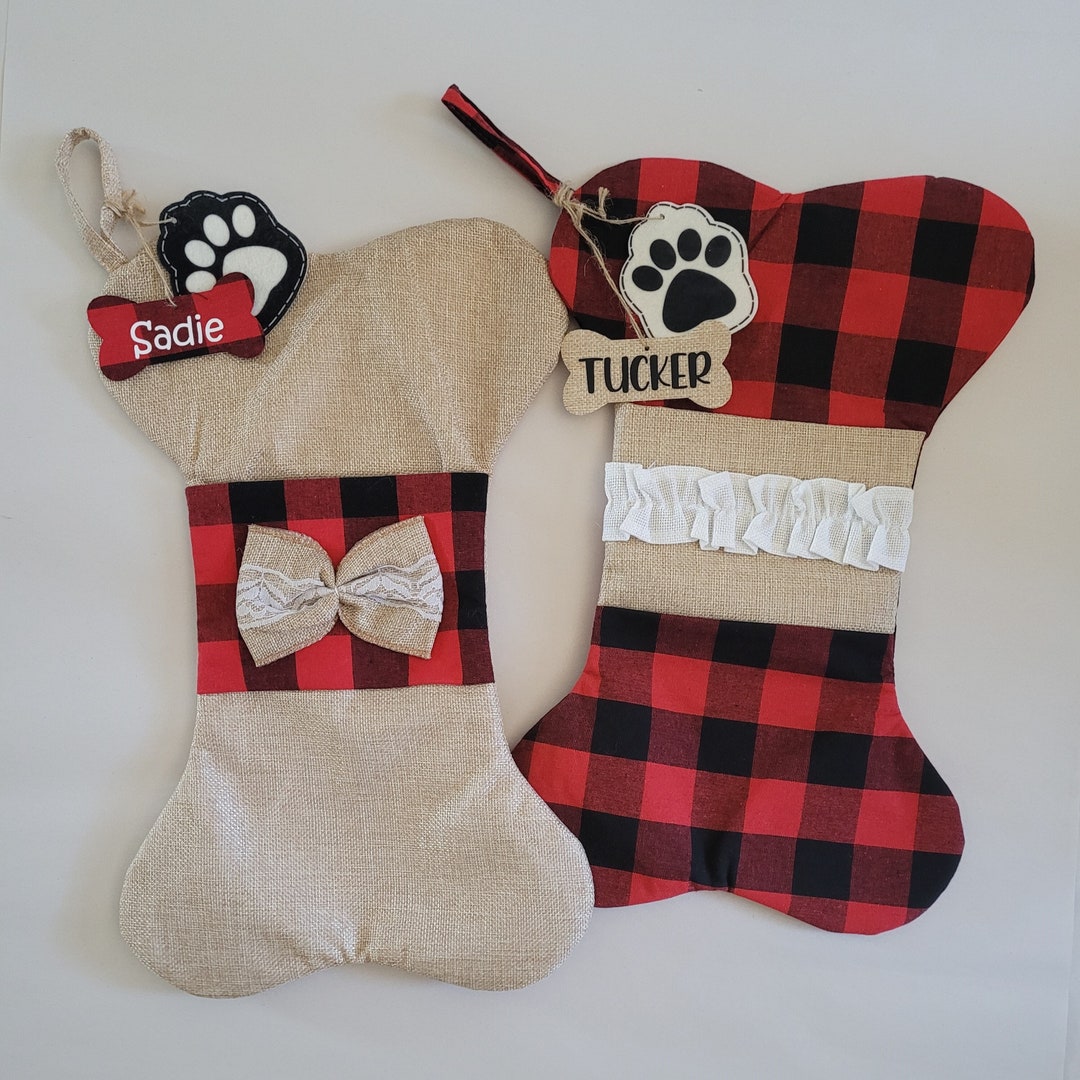 Dog Stocking Personalized Christmas, Red Buffalo Check Burlap Dog Bone ...
