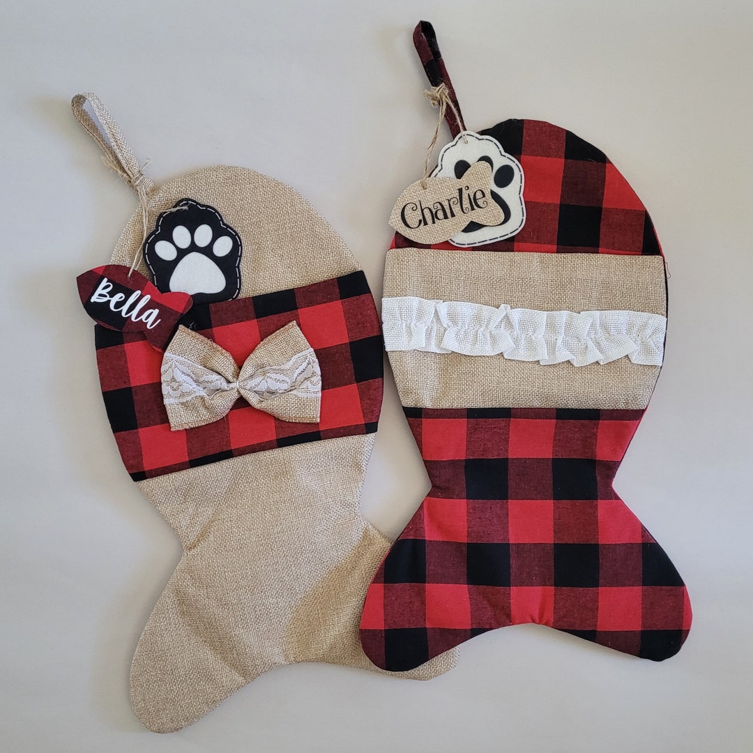 Cat Stocking Personalized Christmas, Red Buffalo Check Burlap Cat Fish ...