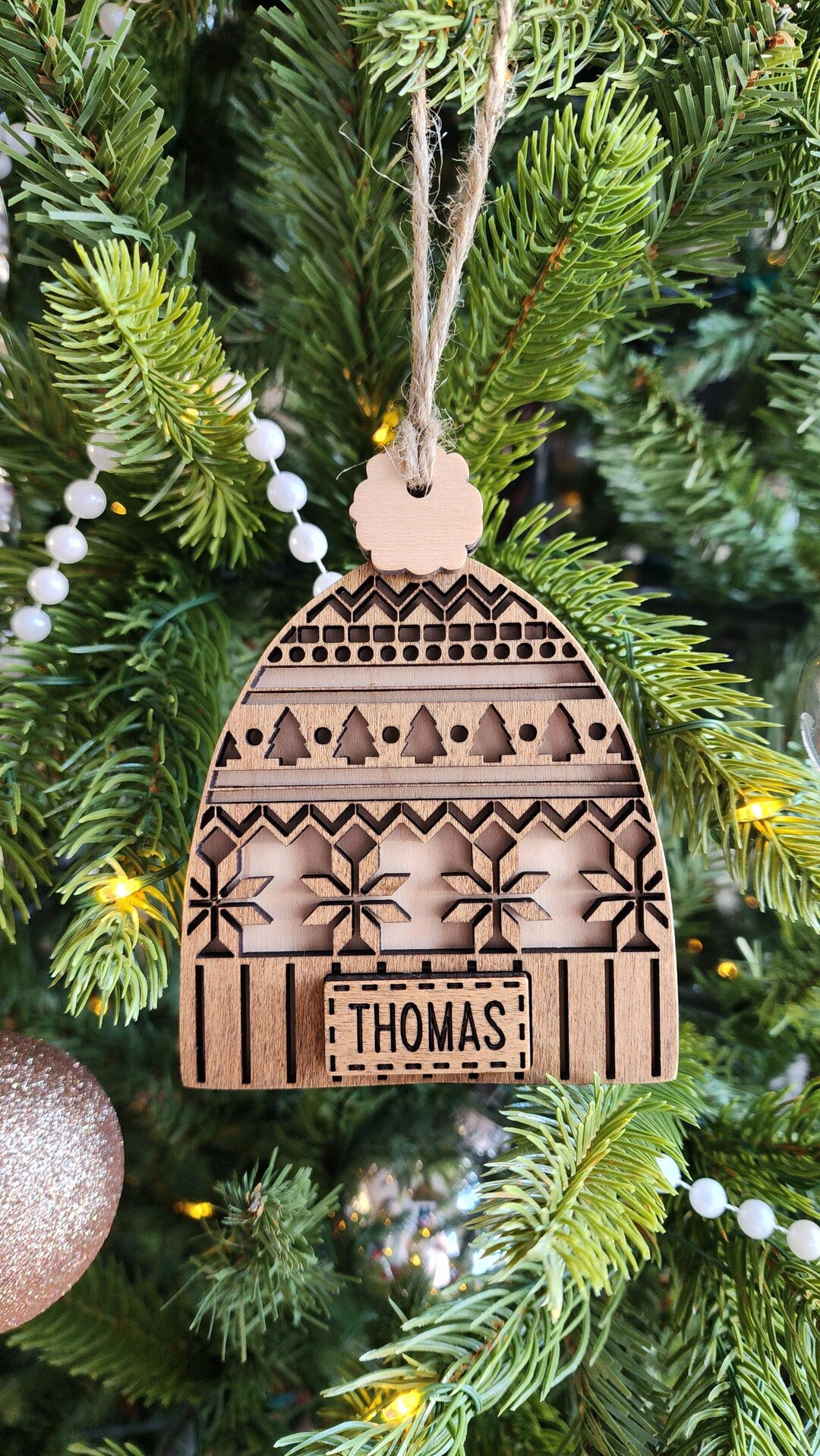 Personalized Nordic Winter Hat Beanie Toque Ornament: Selburose Wood ...