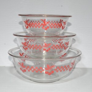 Set of 3 Vintage PYREX Red Cherry Cherries Bowl Mixing Bowls Clear ...
