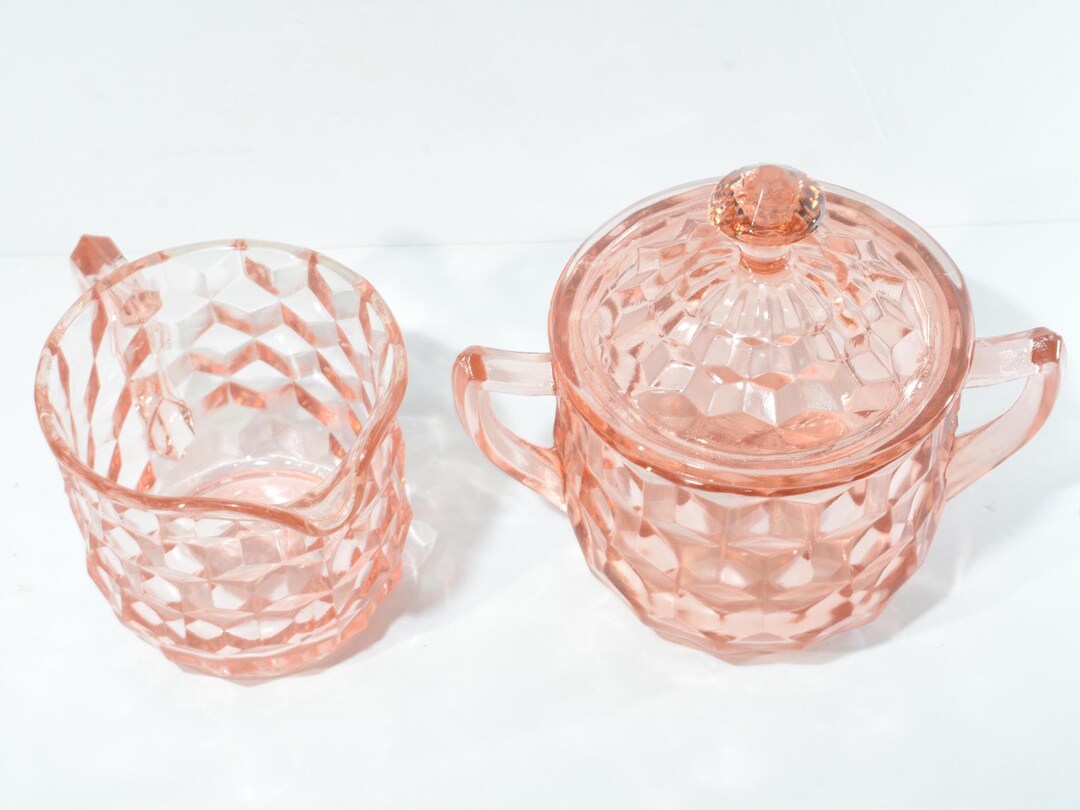 Jeannette Glass CUBE Pink Depression Glass Creamer and Sugar Bowl With ...