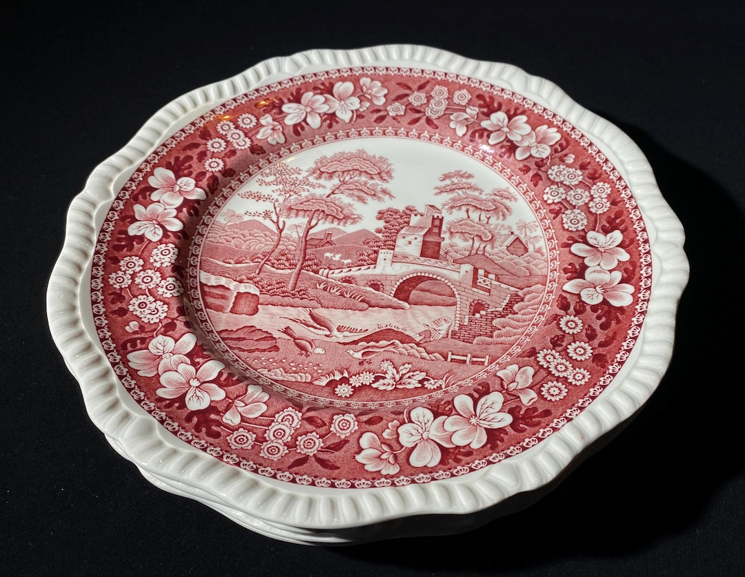 SPODE TOWER Pink Set of 4 Dinner Plate 10.75" England Red Transferware ...