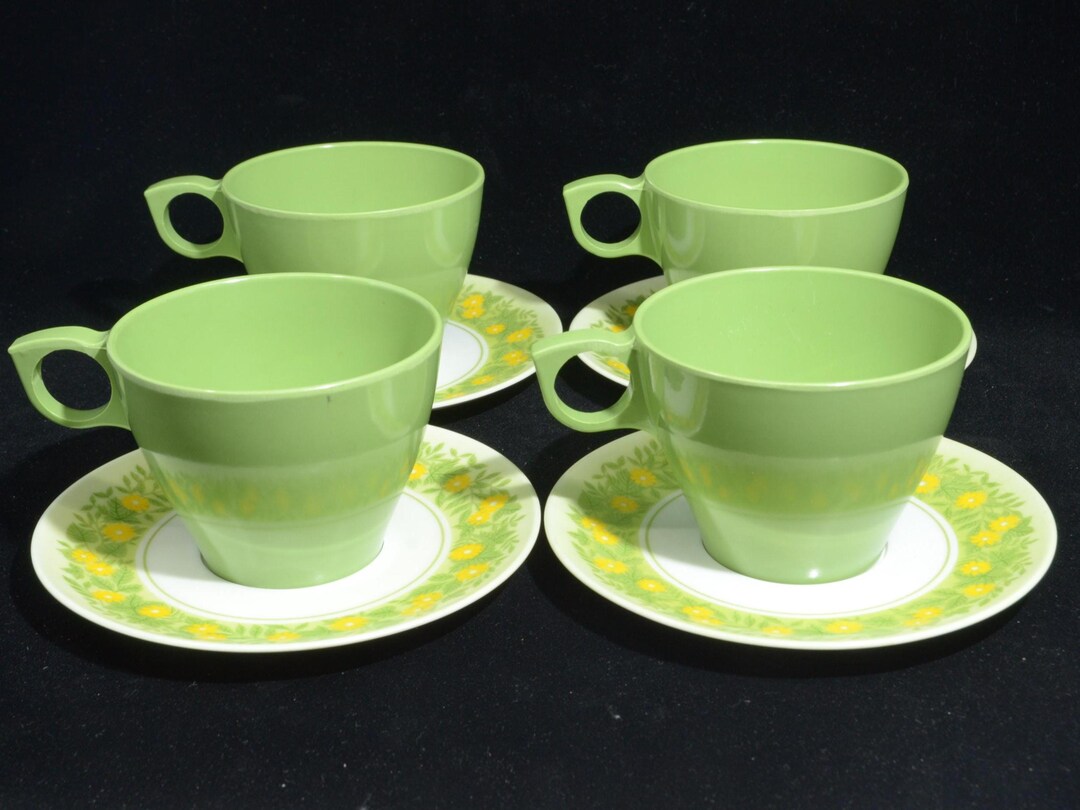 Vintage Set of 4 MELMAC Teacup and Saucer Mid Century Green and Yellow ...