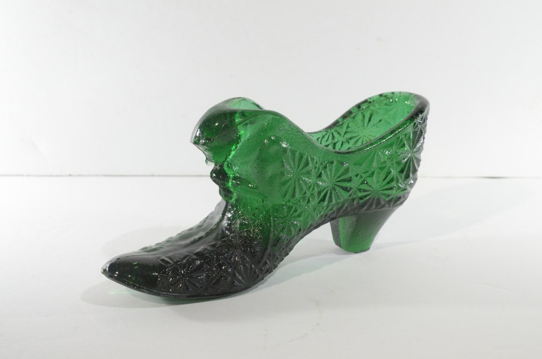 Vintage Fenton Glass Green Glass Shoe Emerald Green Boot Daisy and ...