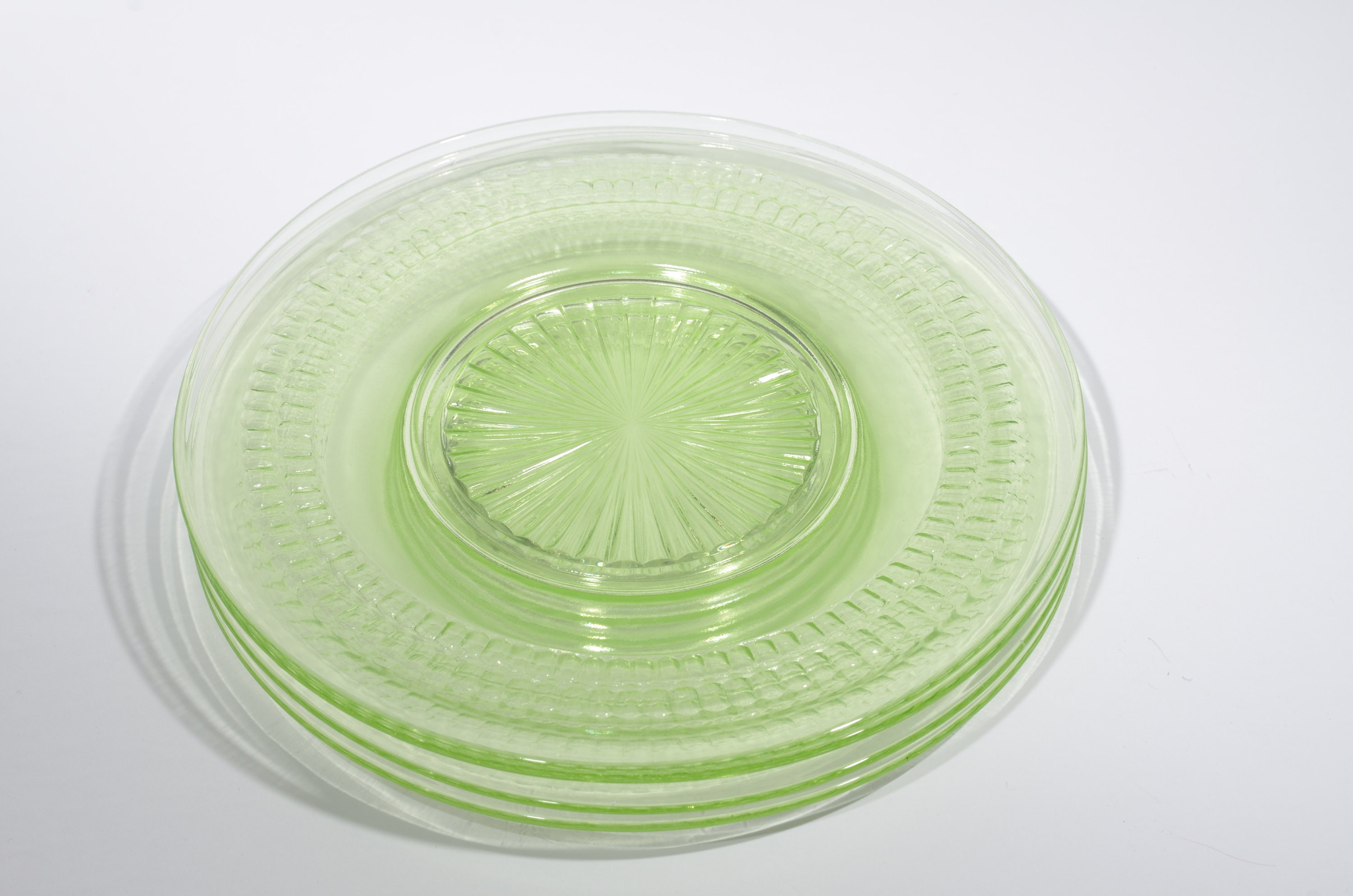 Hocking Glass Green Depression Glass Roulette Set of 4 Luncheon Plate 8 ...
