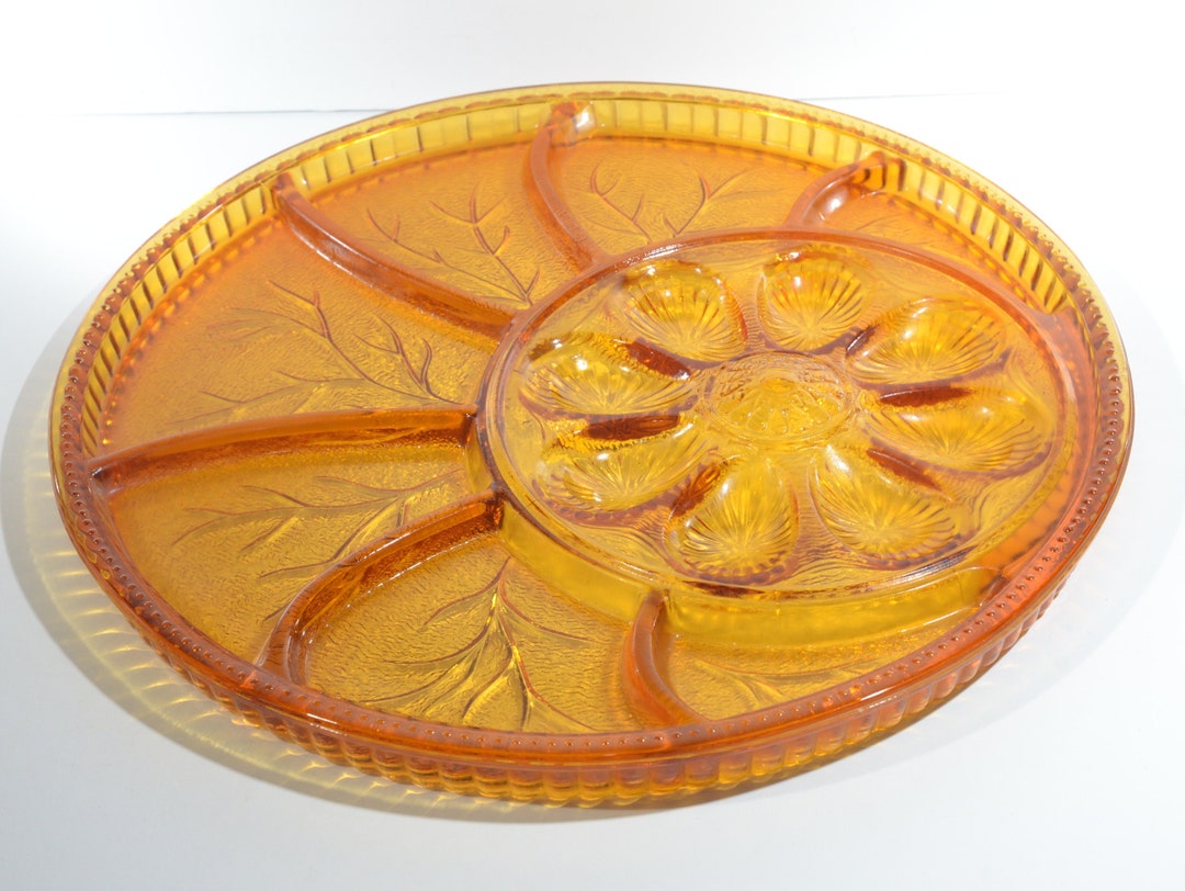 Amber Indiana Glass Co Deviled Eggs Plate Holder Platter Dish Tray ...
