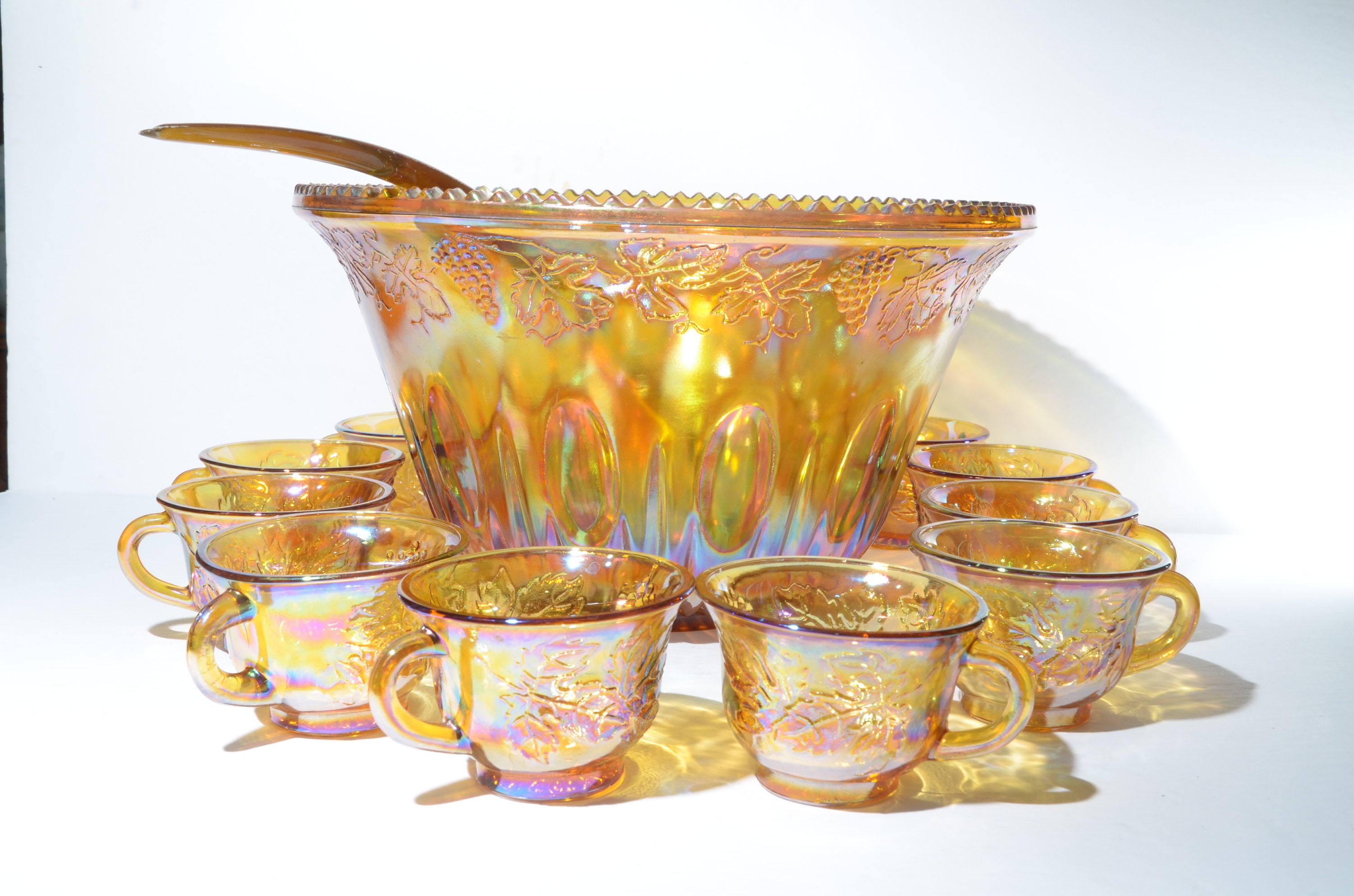 Indiana Carnival Glass Marigold Iridescent Punch Bowl Complete Set 12 ...
