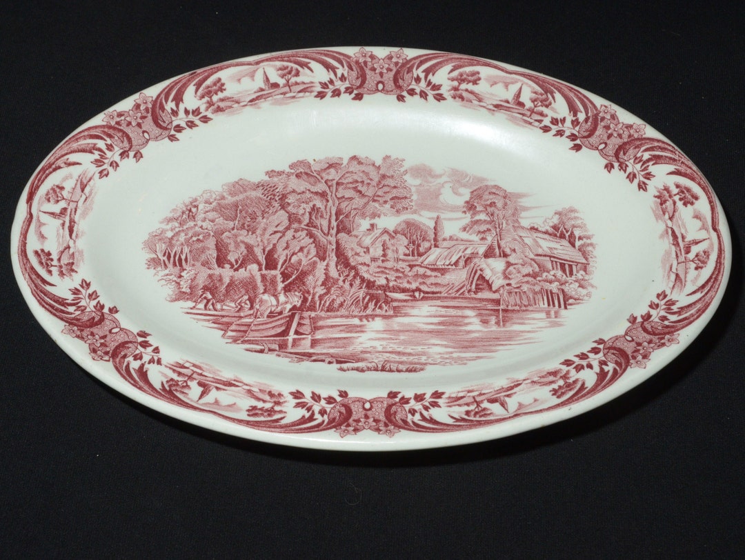 WH Grindley Oval Plate Platter Scenes After Constable Red Transferware ...