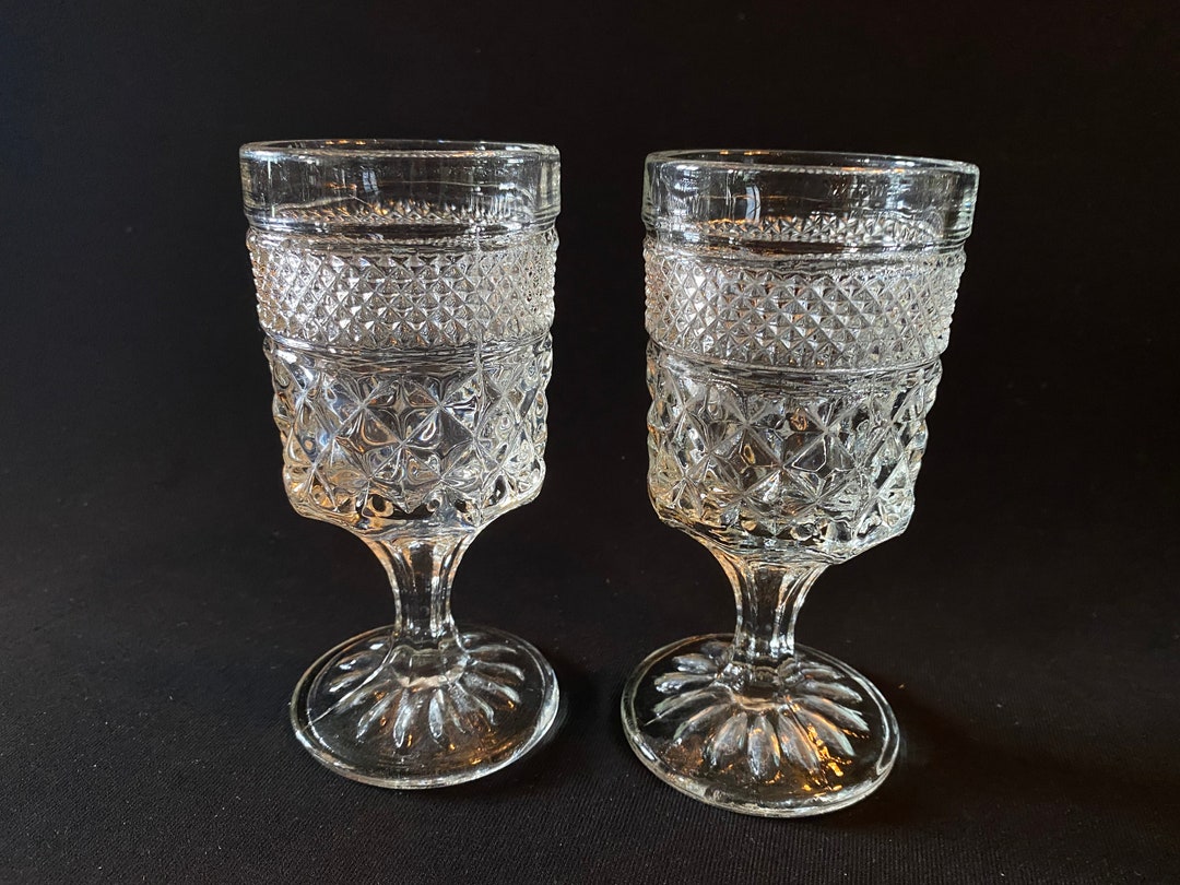 Set of 2 Anchor Hocking Wexford Crystal Goblet Clear Cut Glass Footed ...