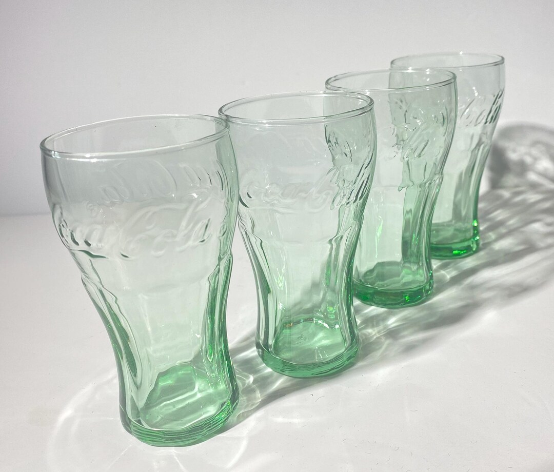 Set of 4 Small Coca Cola Glass Glass Cup 4.5" Tall Vintage Green Coke ...