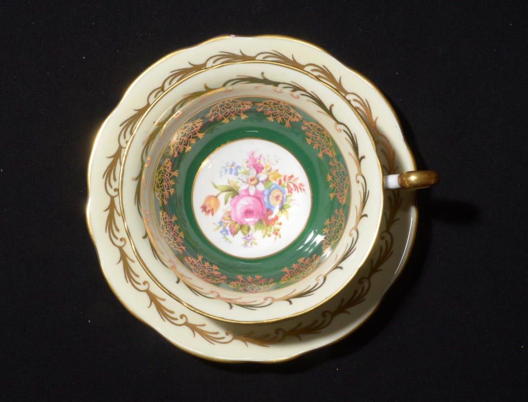 EB FOLEY Green Teacup and Saucer Bone China England Flowers Bouquet ...