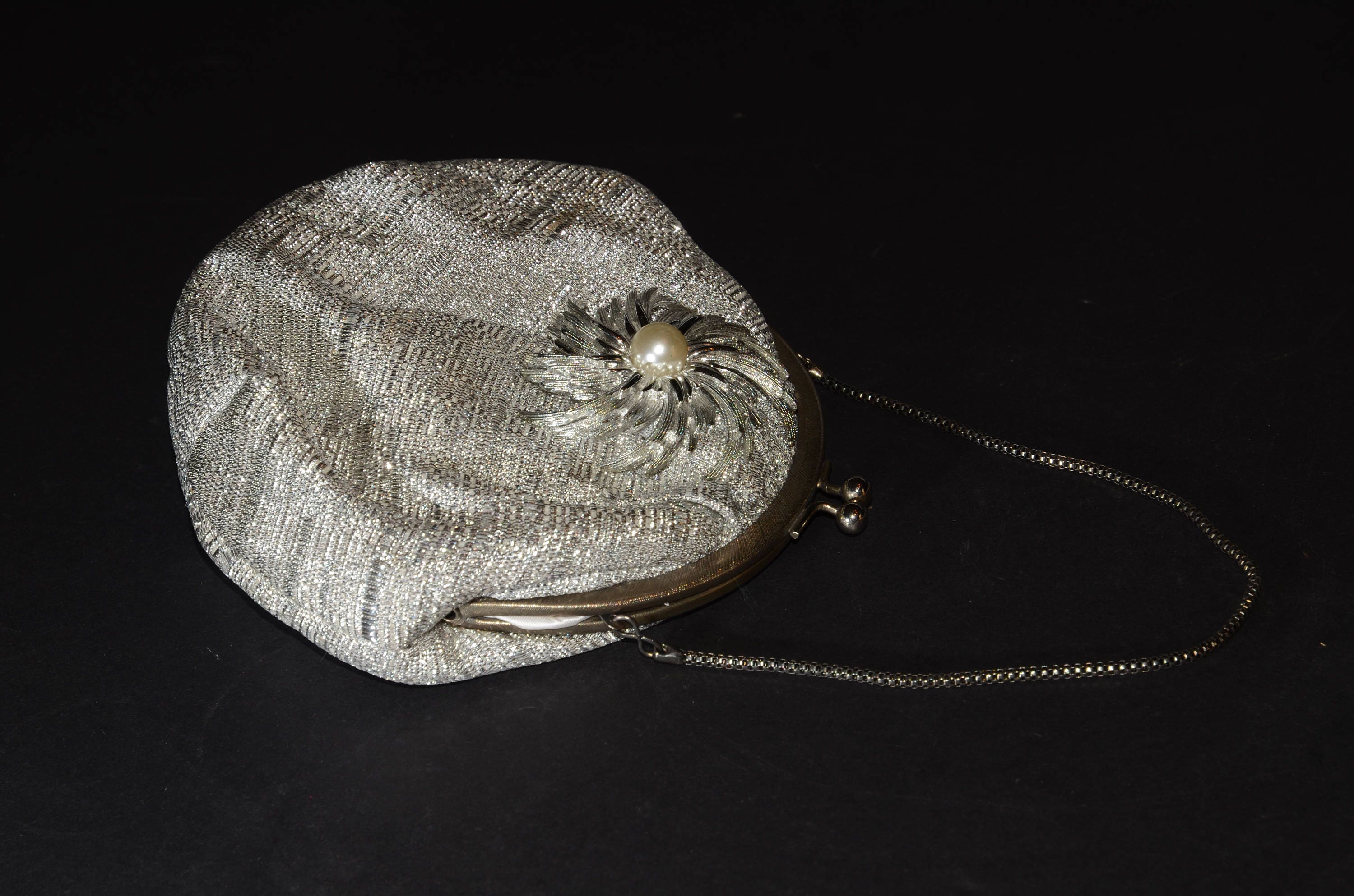 Vintage GOLDCO Purse Silver Fabric Handbag & Silver Tone Pinwheel ...