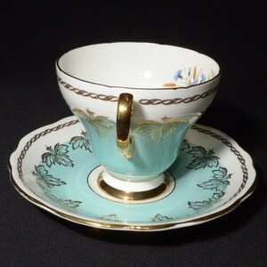 EB FOLEY Turquoise Teacup and Saucer Bone China England Gold Leaf Fruit ...
