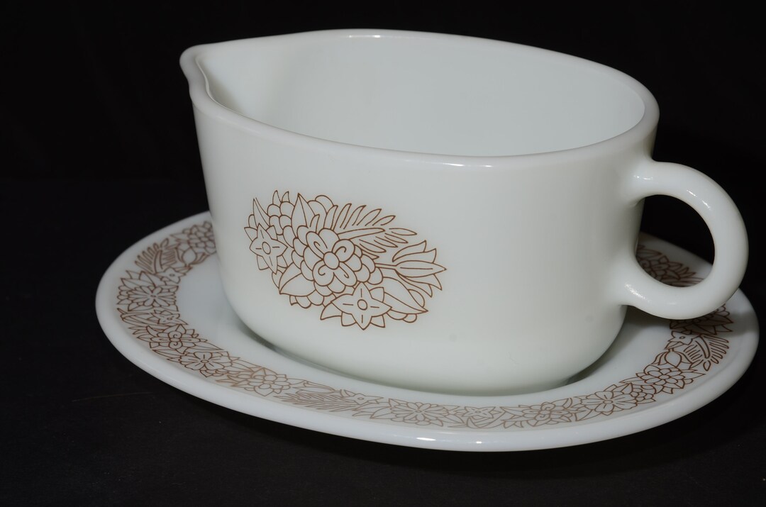 PYREX Woodland Gravy Boat Plate Milk Glass Vintage 1970 Vintage Pyrex ...