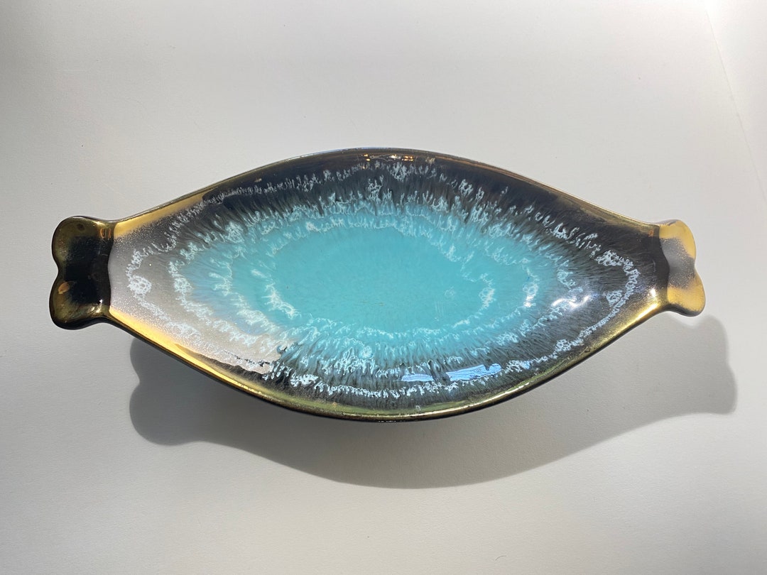 Vintage Drip Boat Shaped Trinket Dish Germany Turquoise White Golden ...