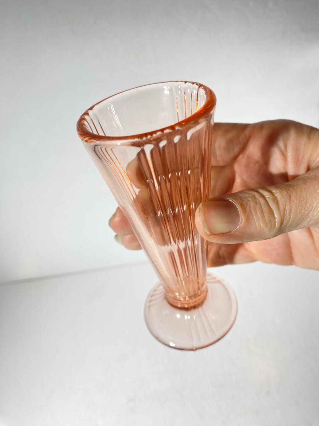 Vintage Small Pink Depression Glass Flutes Tumbler Footed Vertical Rib ...