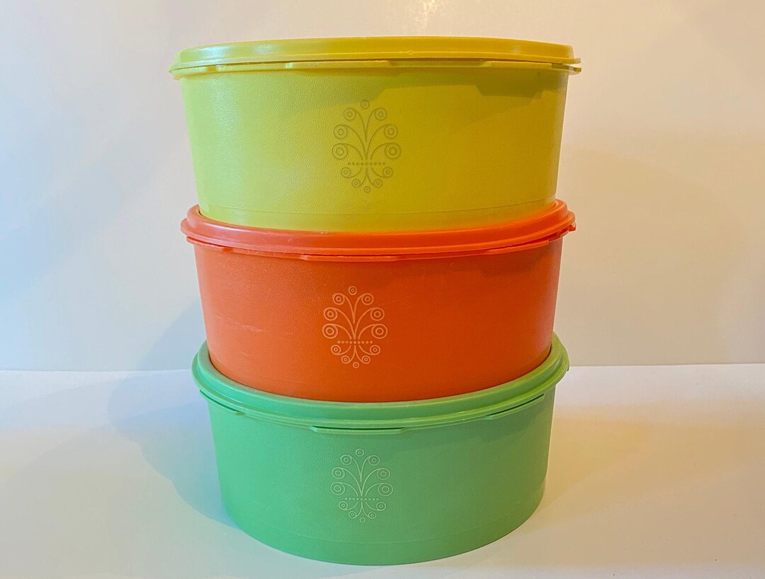 Set of 3 Vintage TUPPERWARE Round Canister 1204 Orange Yellow Green ...