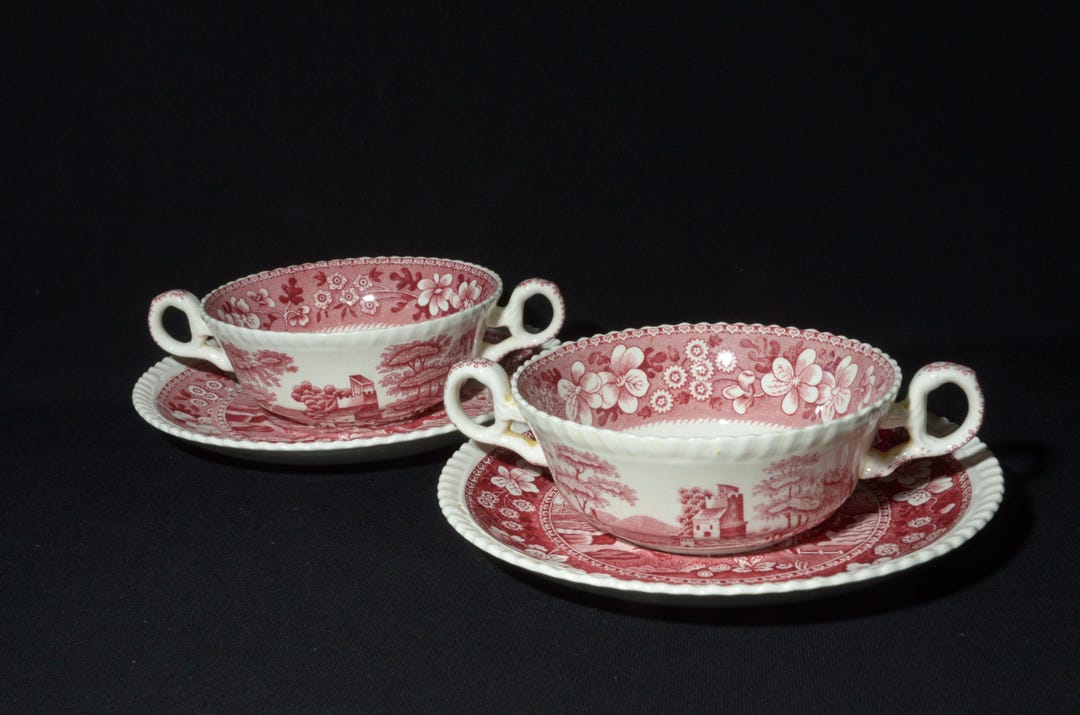 Copeland SPODE'S TOWER Pink Set of 2 Cream Soup Bowl and Saucer Set ...