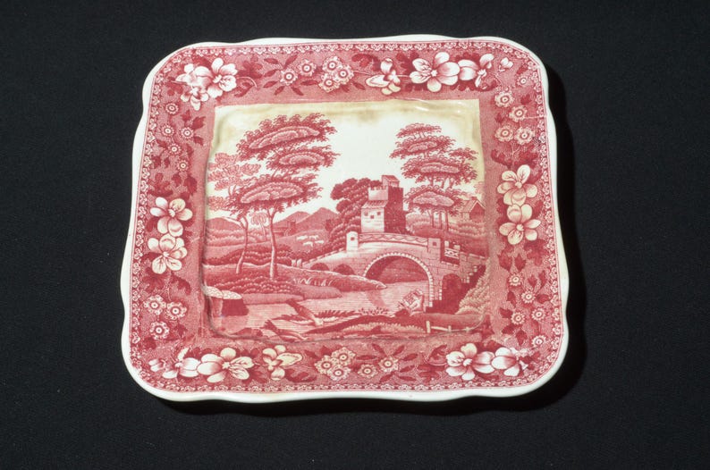 Copeland SPODE'S TOWER Pink Butter Dish Cheese Keeper Floral Square Red ...