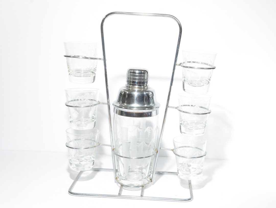 Vintage Cocktail Set Shaker Mixer 6 Shot Glasses Shot Glasses Bamboo ...