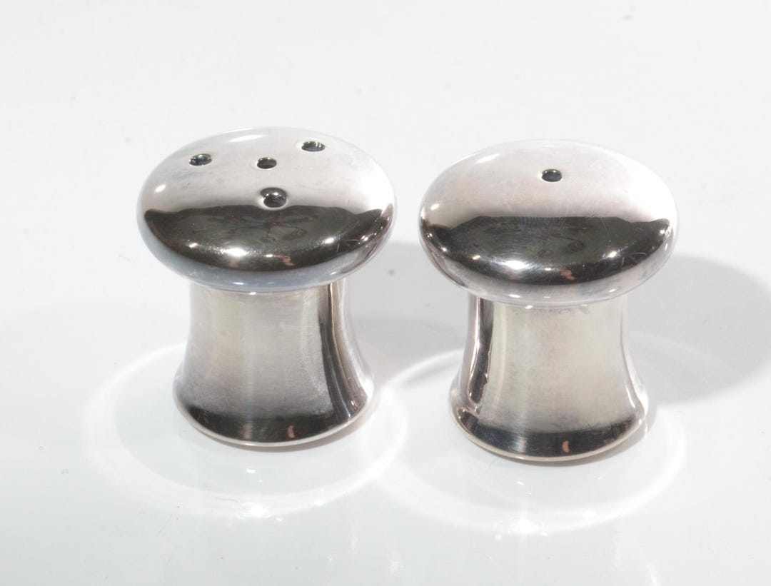 P M Mushroom Salt and Pepper Shaker Set 1 1/4" Tall Mid Century Made in Italy Tableware Silver ...